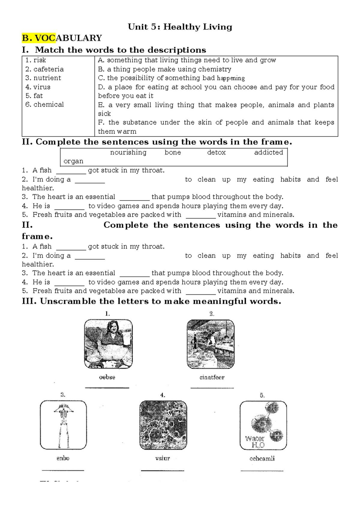 Unit 5: Healthy Living Vocabulary & Grammar Exercises with Answers ...