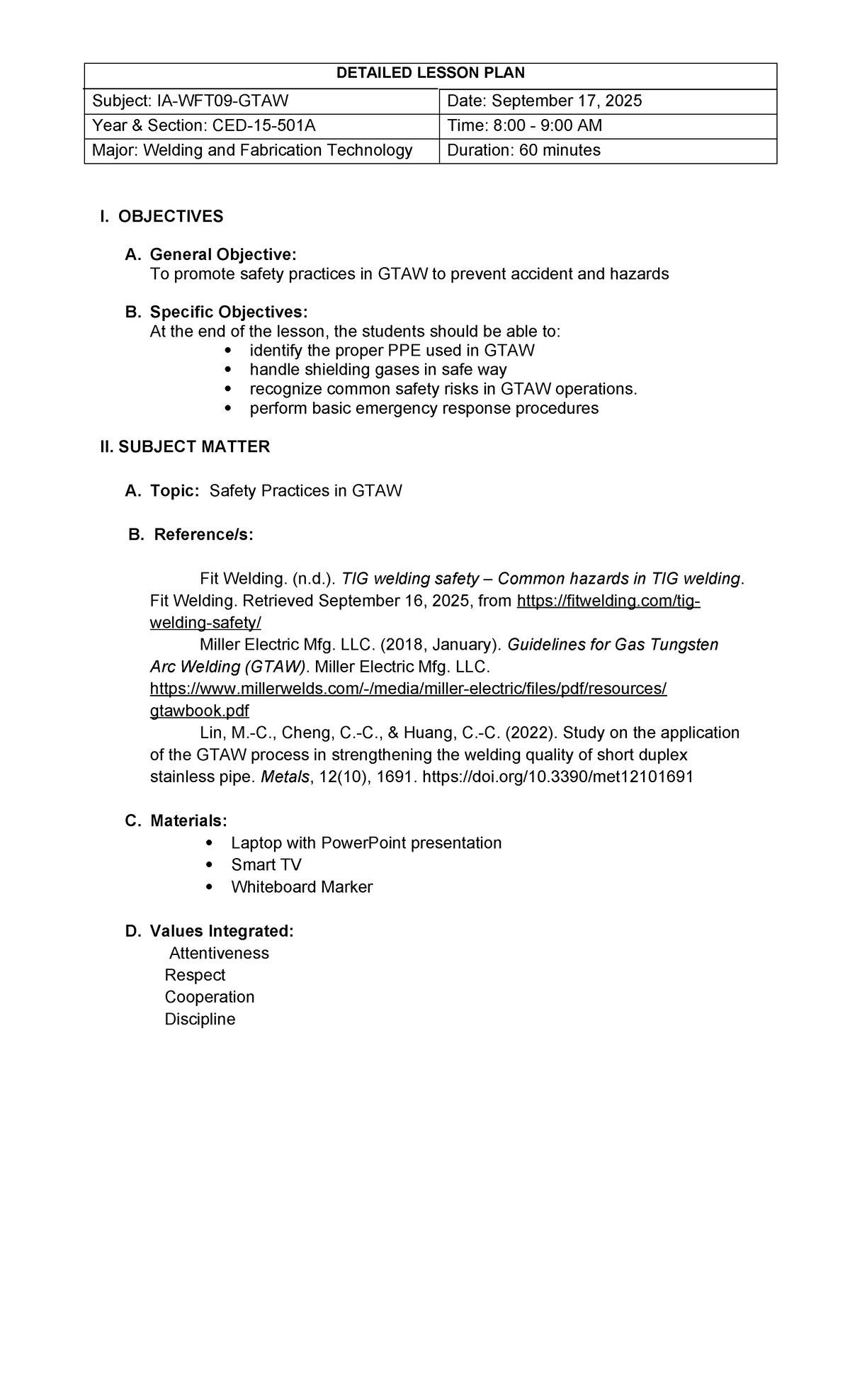 WELD 101: Detailed Lesson Plan on GTAW Safety Practices - Studocu