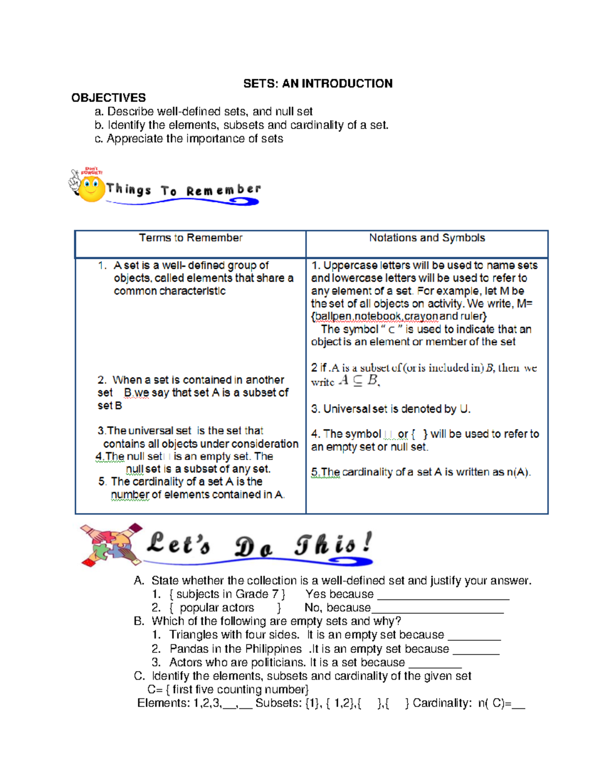 Q1-LAA-1 - Worksheet in Grade 7 Math Quarter 1 - SETS: AN INTRODUCTION ...