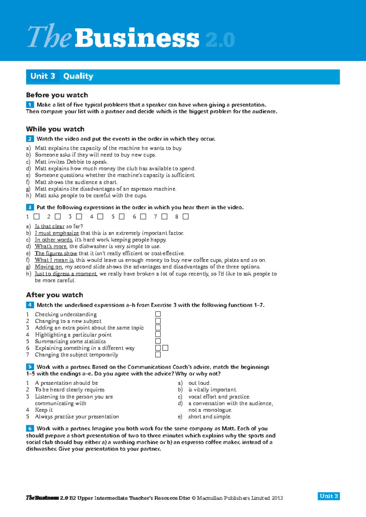 Business 2.0 Unit 3 Presentation Skills and Video Exercises - Studocu