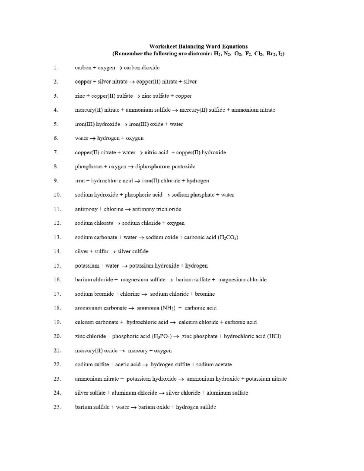 Worksheet: Balancing Word Equations (Chemistry 101) - Studocu