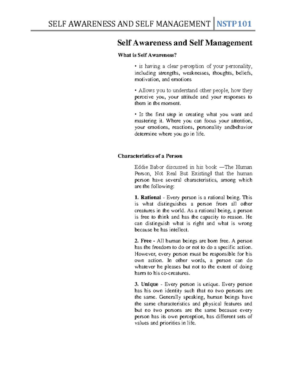 W2 Lesson 2 - Self-Awareness and Self-Management - Module - Self Awareness and Self Management ...