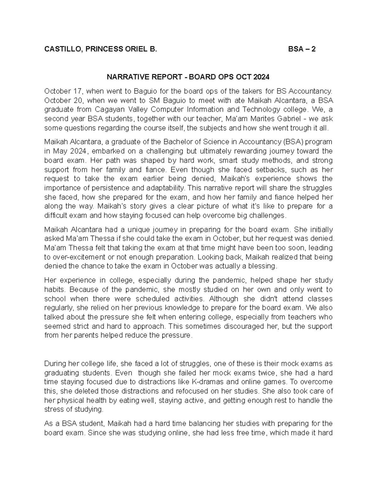 Narrative Report - Board OPS OCT 2024 - CASTILLO, PRINCESS ORIEL B. BSA ...