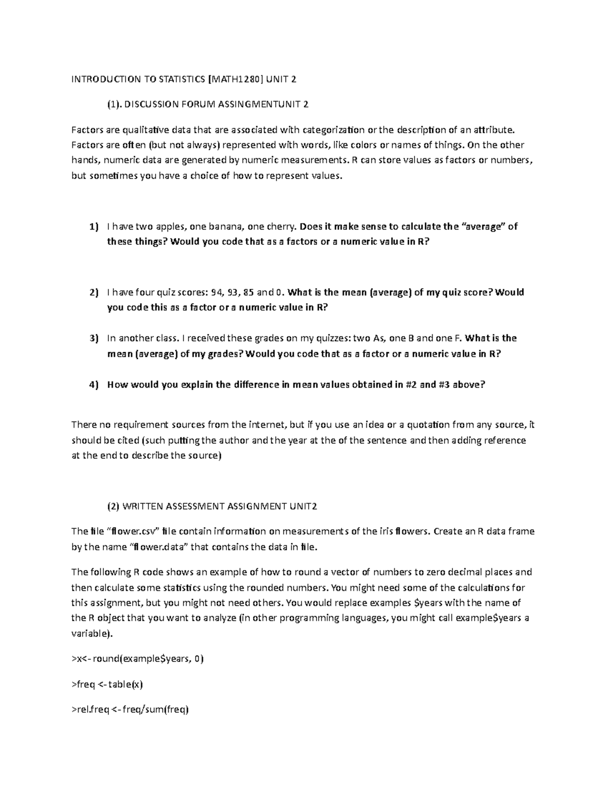MATH1280 Assignments UNIT 2 - INTRODUCTION TO STATISTICS UNIT 2 (1 ...