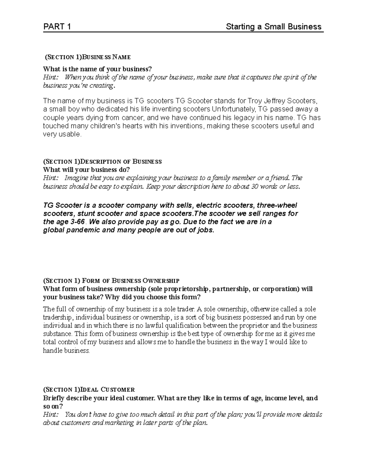 Business Plan Template (22 23 - PART 1 Starting a Small Business ...