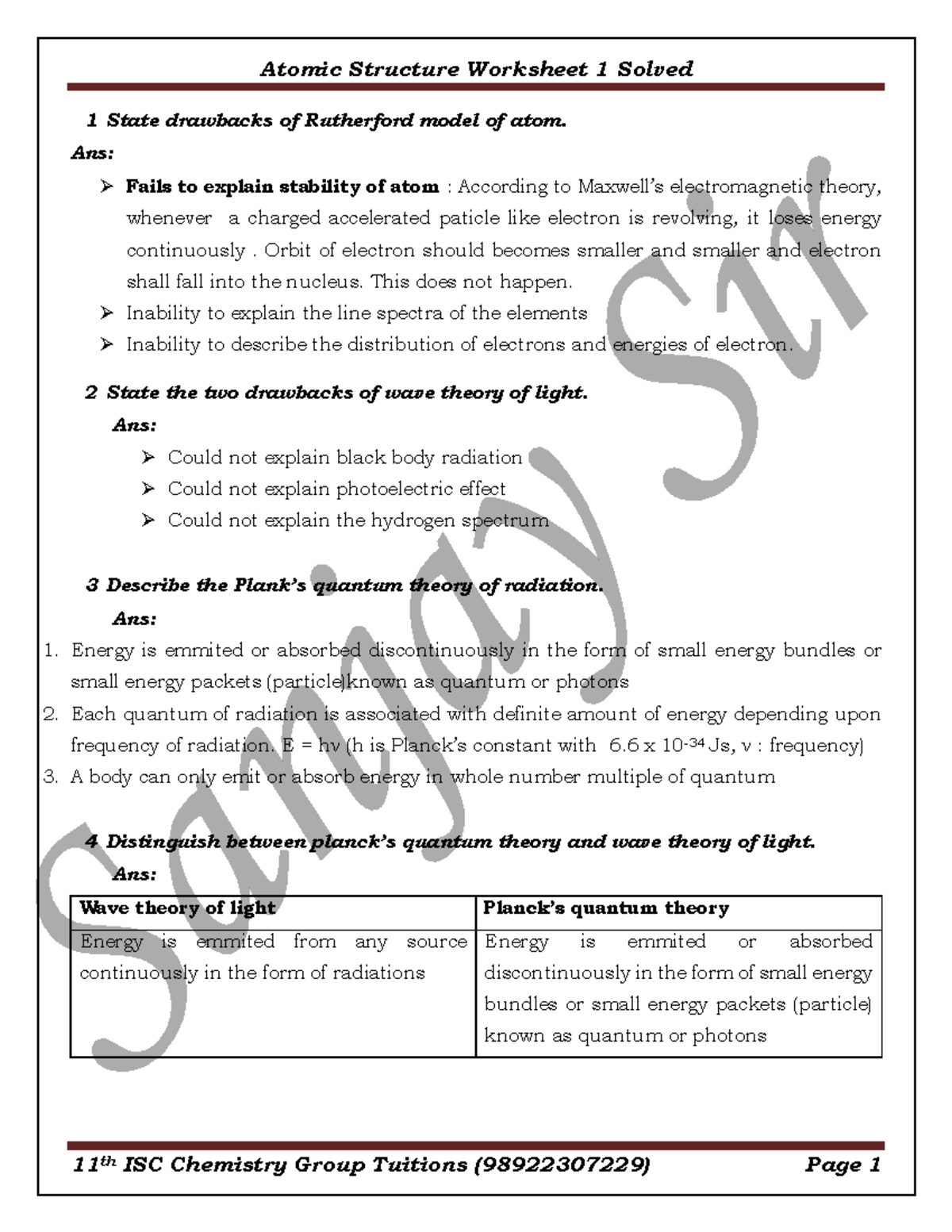Atomic Structure Worksheet 1: Key Concepts and Solutions - Studocu