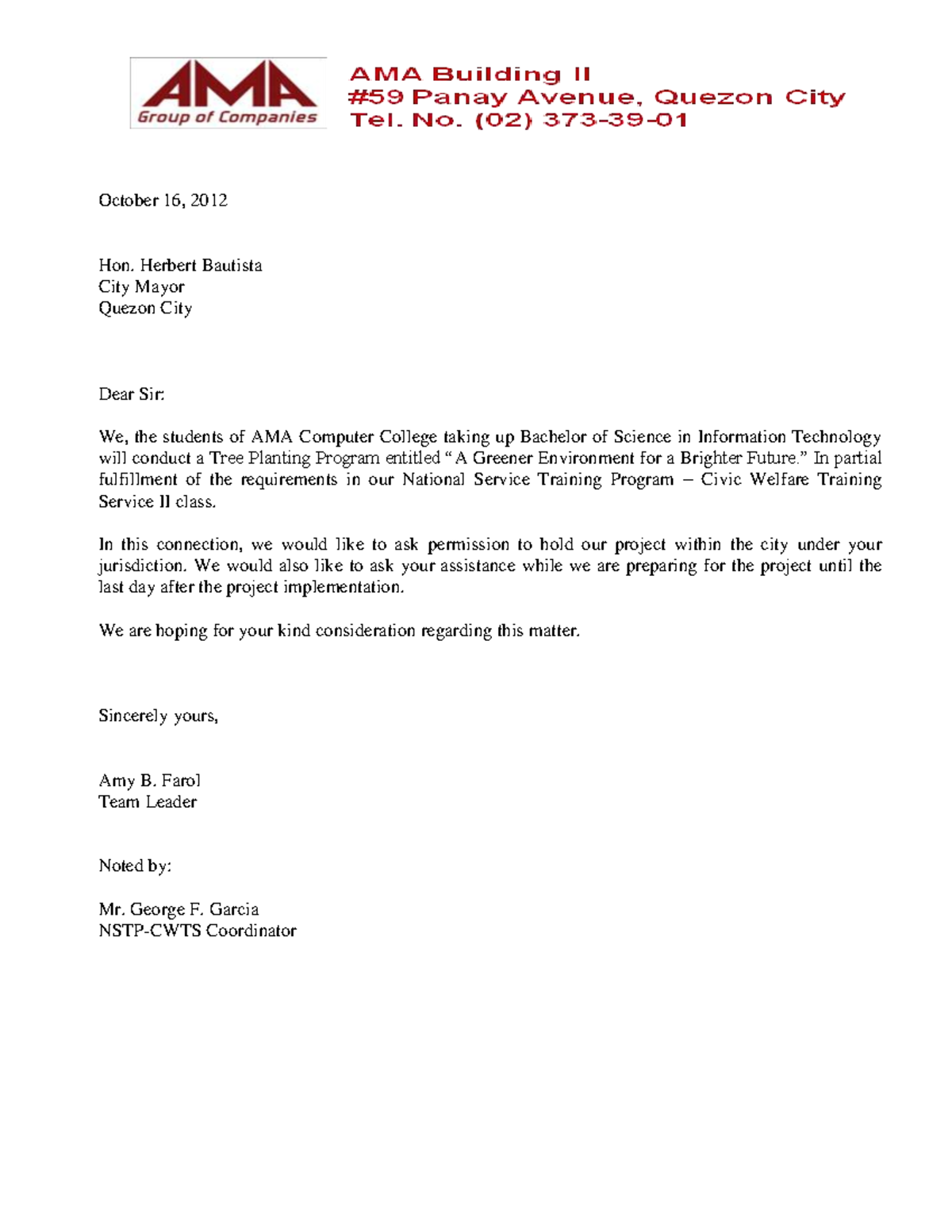 NSTP-CWTS II - Request Letter for Tree Planting Program - Studocu