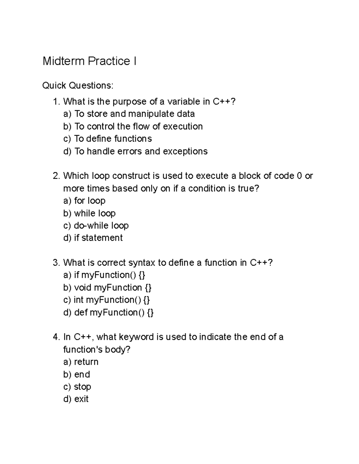 Midterm Practice I: Quick Questions & Programming Exercises - Studocu