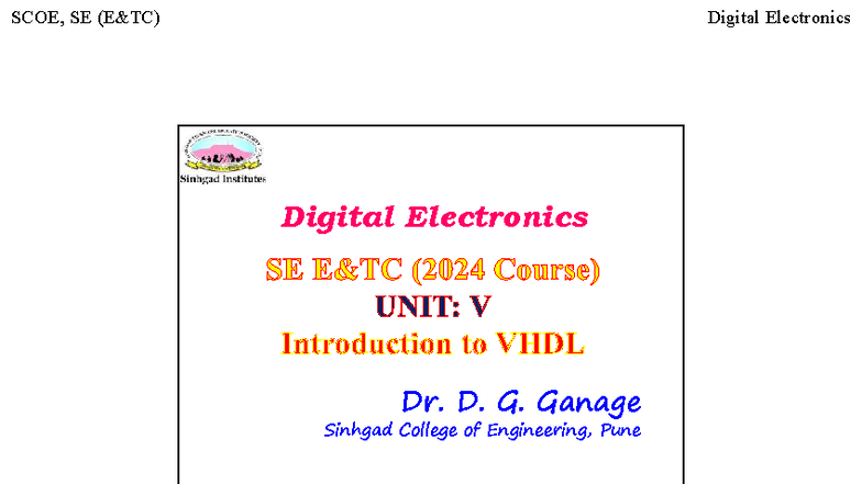 SCOE, SE Digital Electronics Unit V: VHDL Overview and Concepts - Studocu