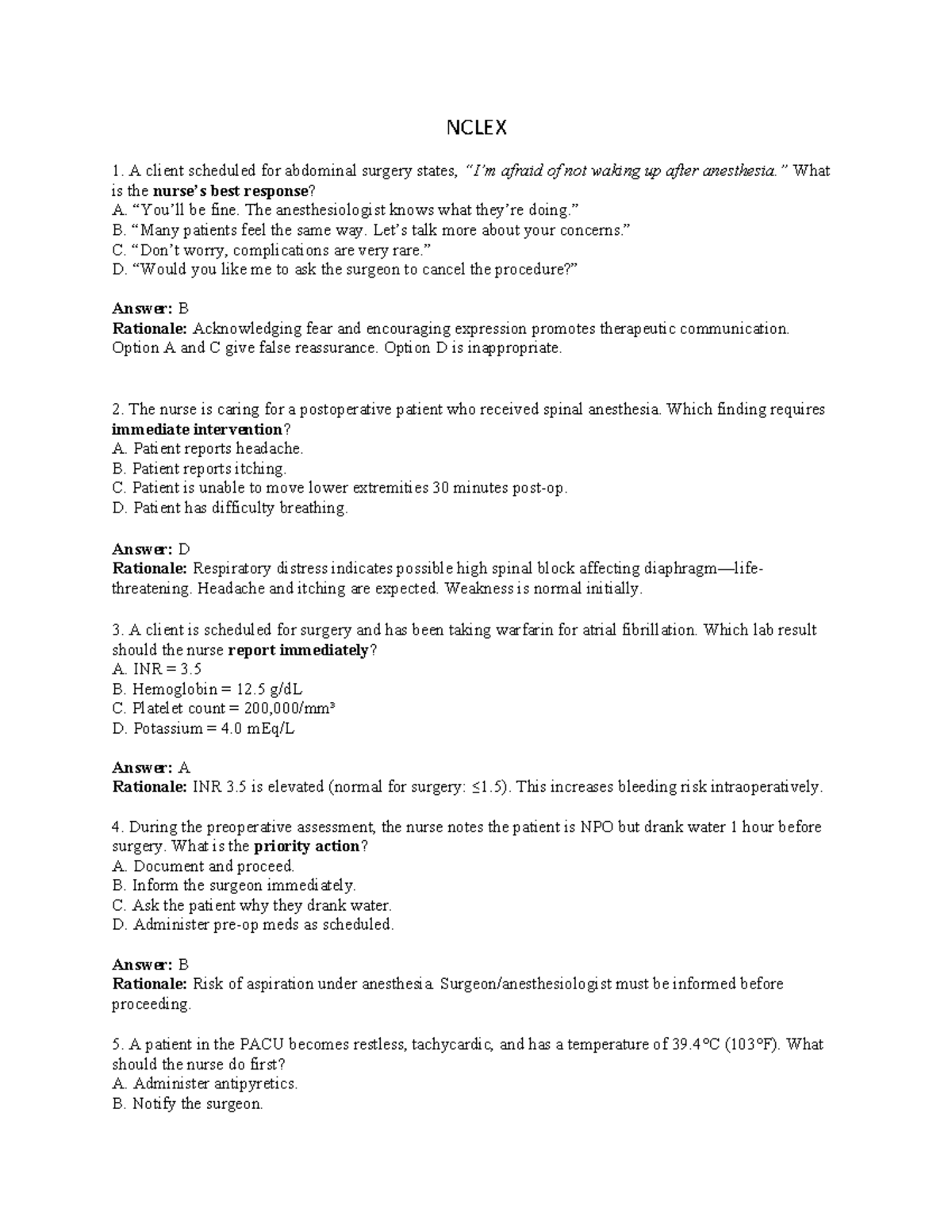 NCLEX Sample Questions for Perioperative Care - Studocu