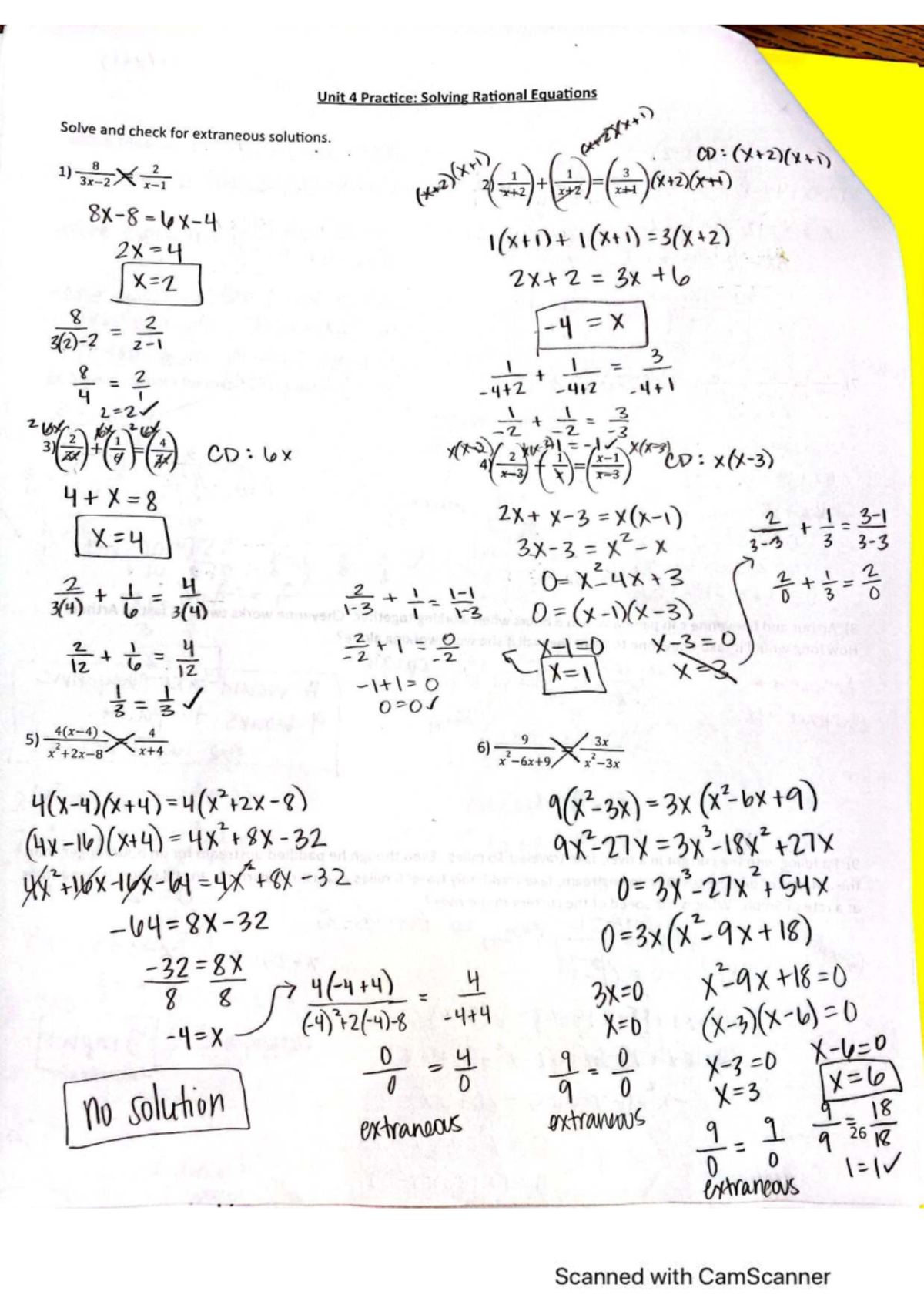 Unit 4 Practice Key: Solving Rational Equations and Extraneous ...