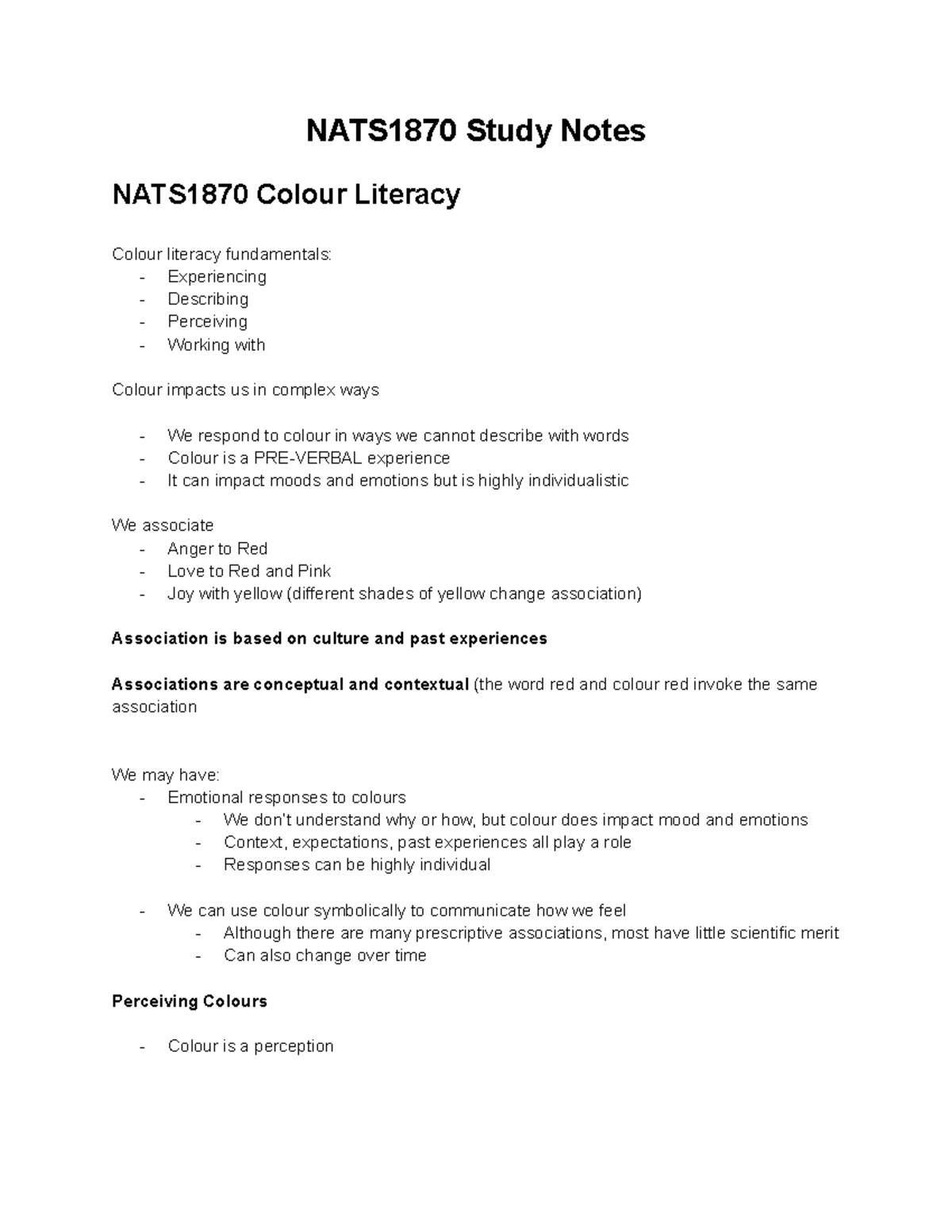 NATS1870 Lecture Notes on Colour Literacy and Perception - Studocu