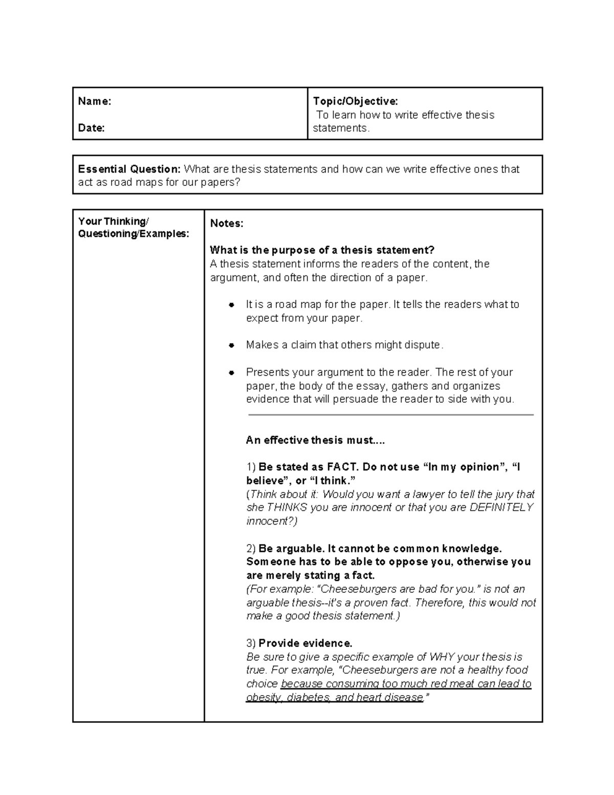 Thesis Statement Writing: Effective Strategies - Cornell Notes - Studocu