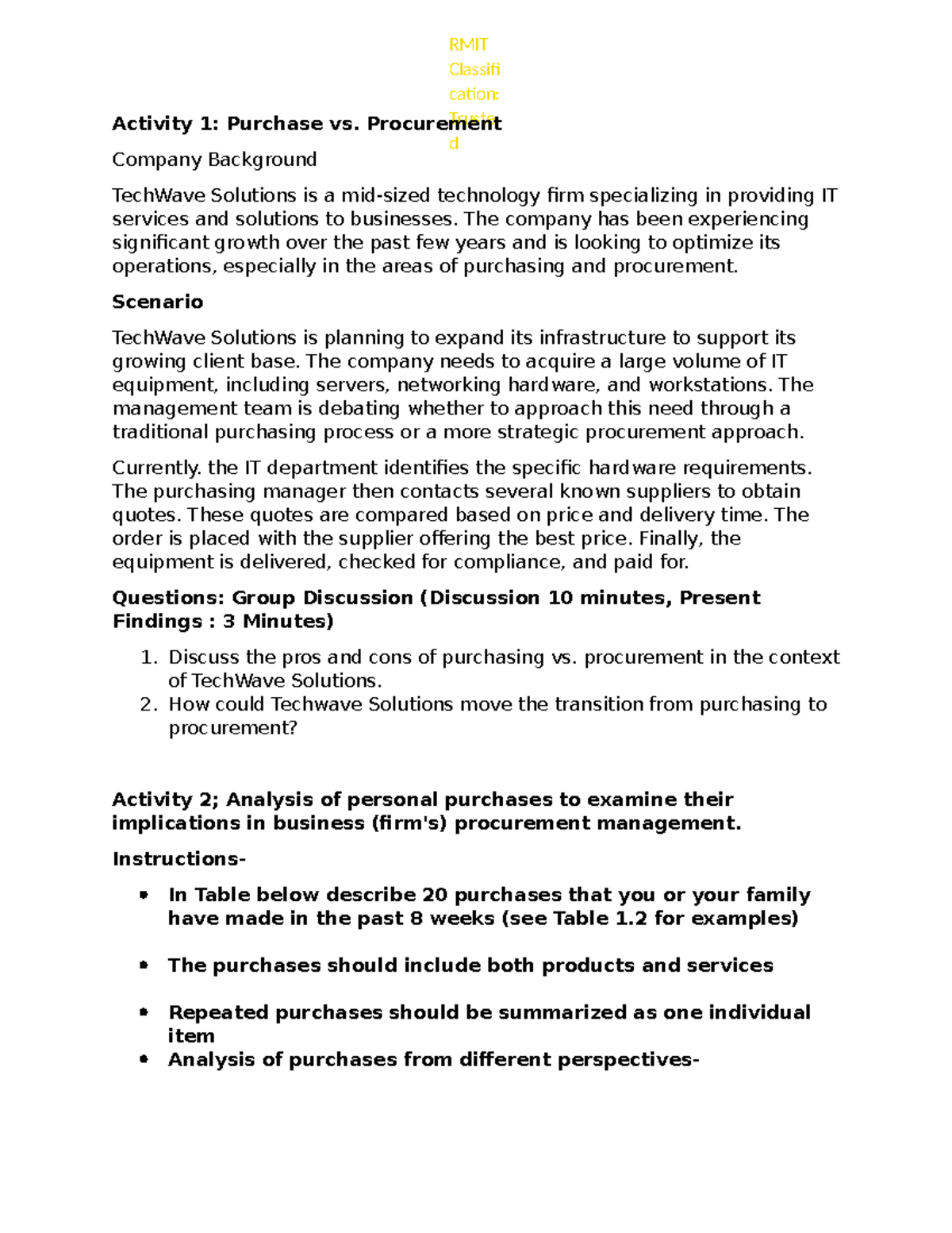 RMIT Classification: Activity 1 - Purchasing vs. Procurement Analysis ...