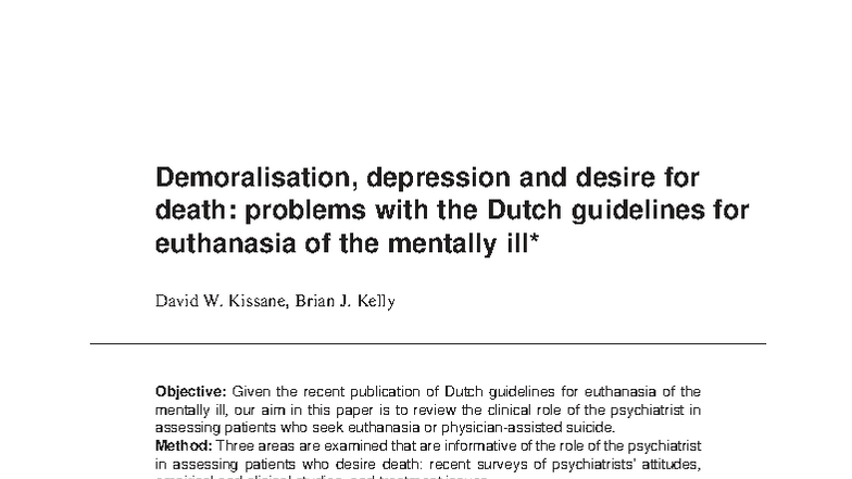 KIS 2000: Demoralisation, Depression & Euthanasia Guidelines Concerns ...