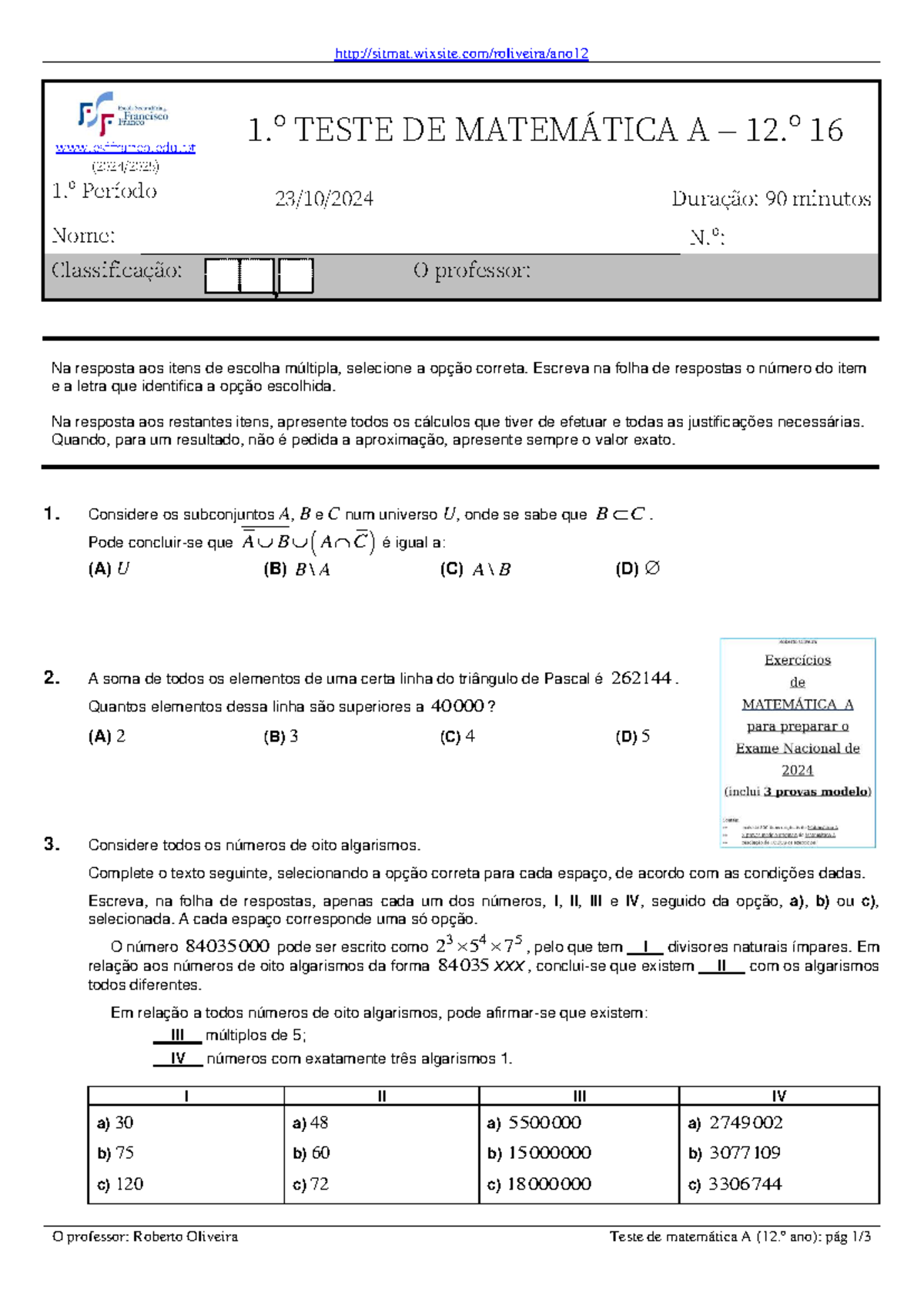 Teste de Matemática A 12.º 16 - 1.º Período - Exercícios e Respostas ...