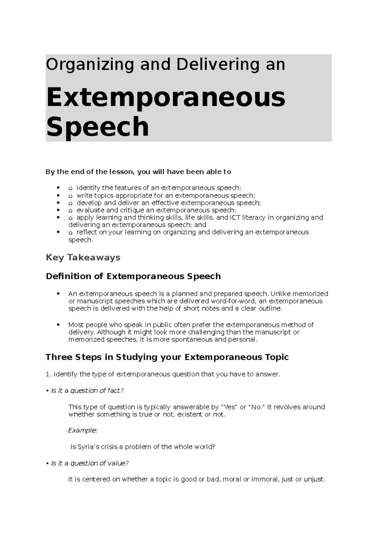 Organizing and Delivering an Extemporaneous Speech: Key Insights - Studocu