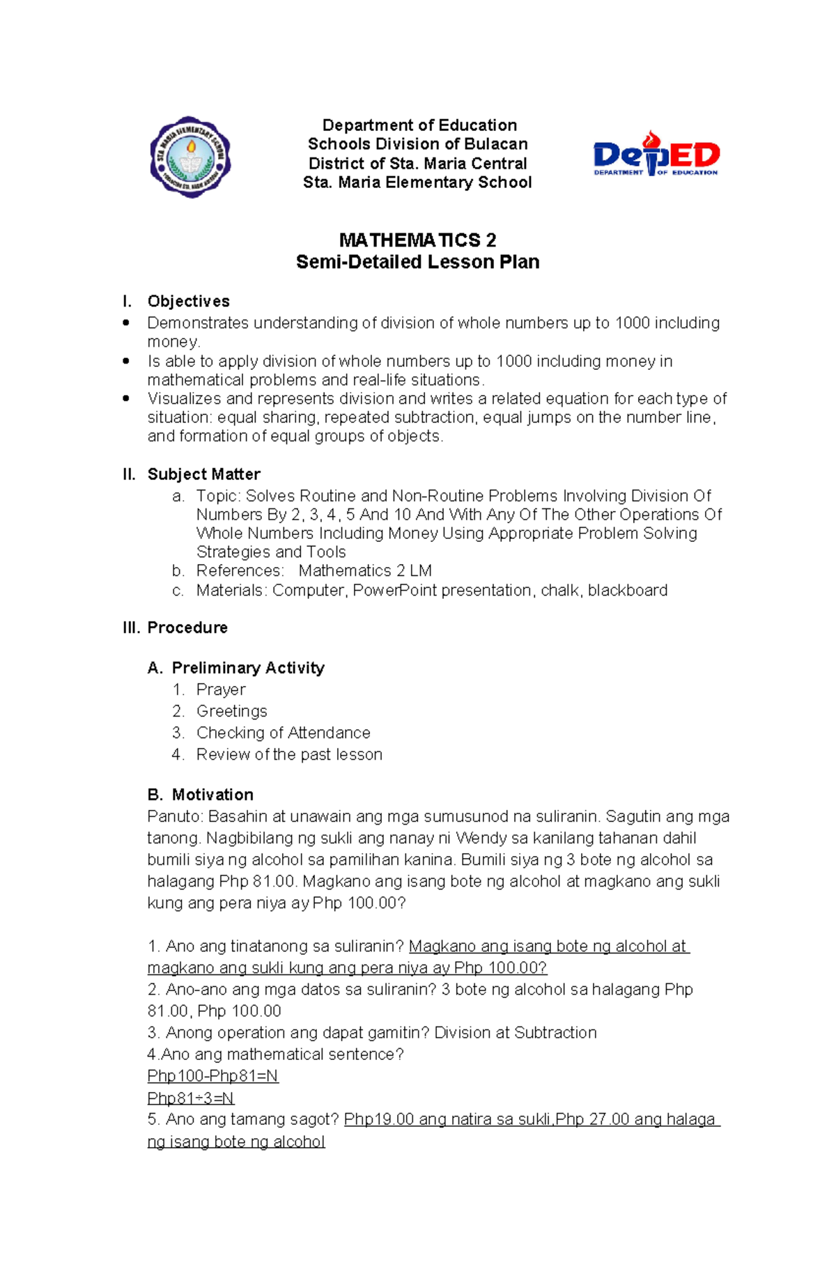 Semi-Detailed Lesson Plan-MATH-2-Division Problems and Applications ...