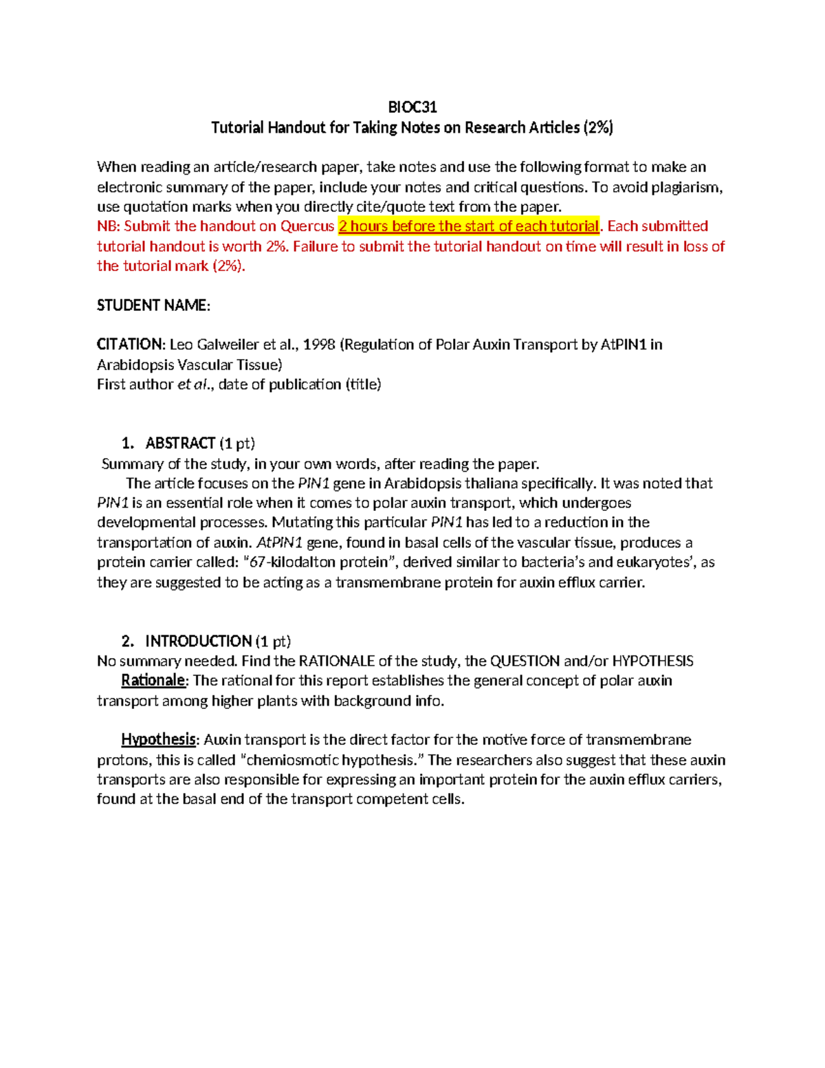 Tutorial Handouts 10 - BIOC Tutorial Handout for Taking Notes on ...