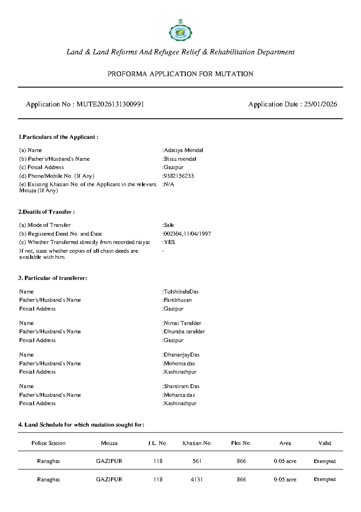 Mutation Application for Land Reforms and Refugee Relief ...
