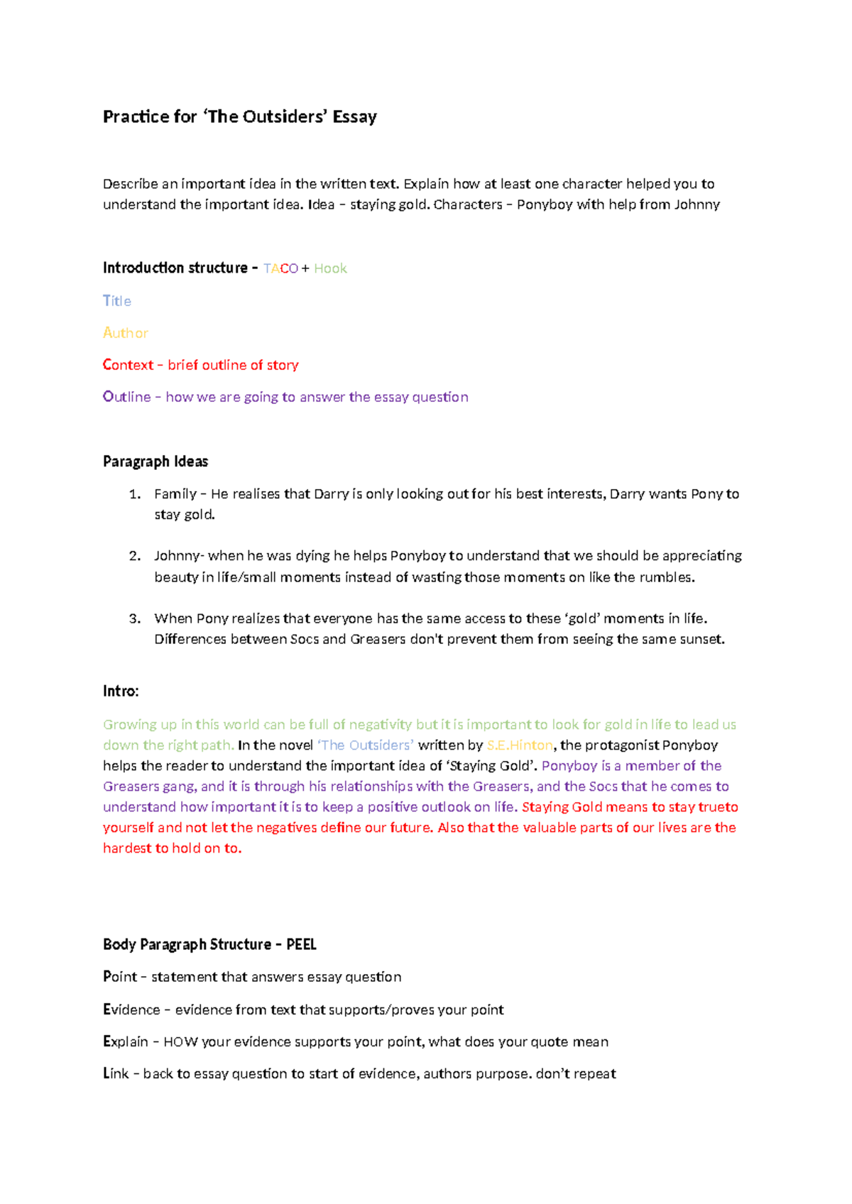 Practice Essay for The Outsiders: Understanding 'Staying Gold' Theme ...