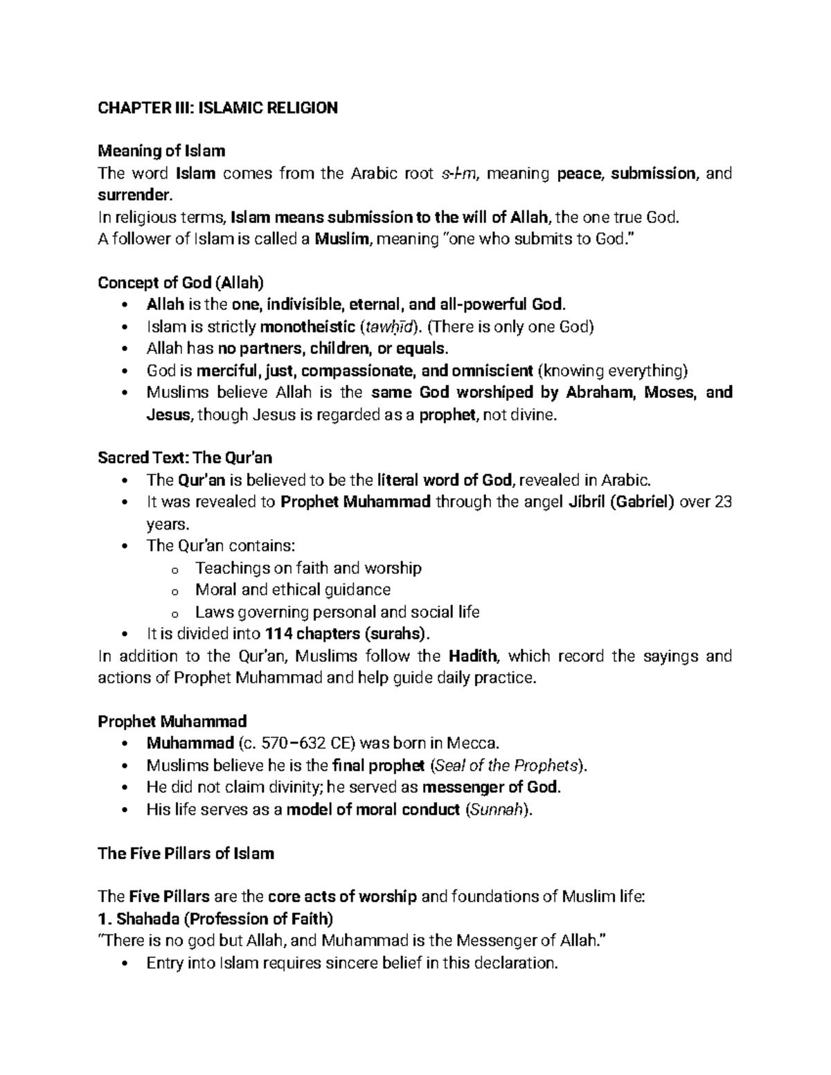 CHAPTER III ISLAM: Core Beliefs and Practices Explained - Studocu