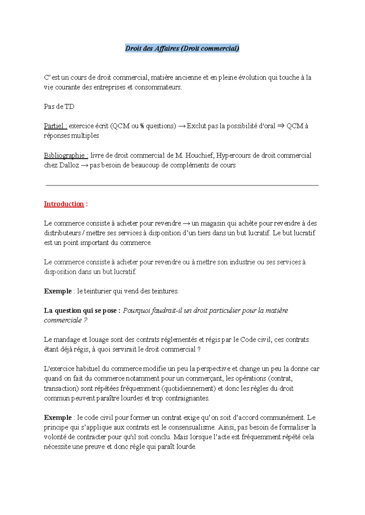 DAFF 1 - Cours de Droit Commercial : Concepts et Évolutions - Studocu