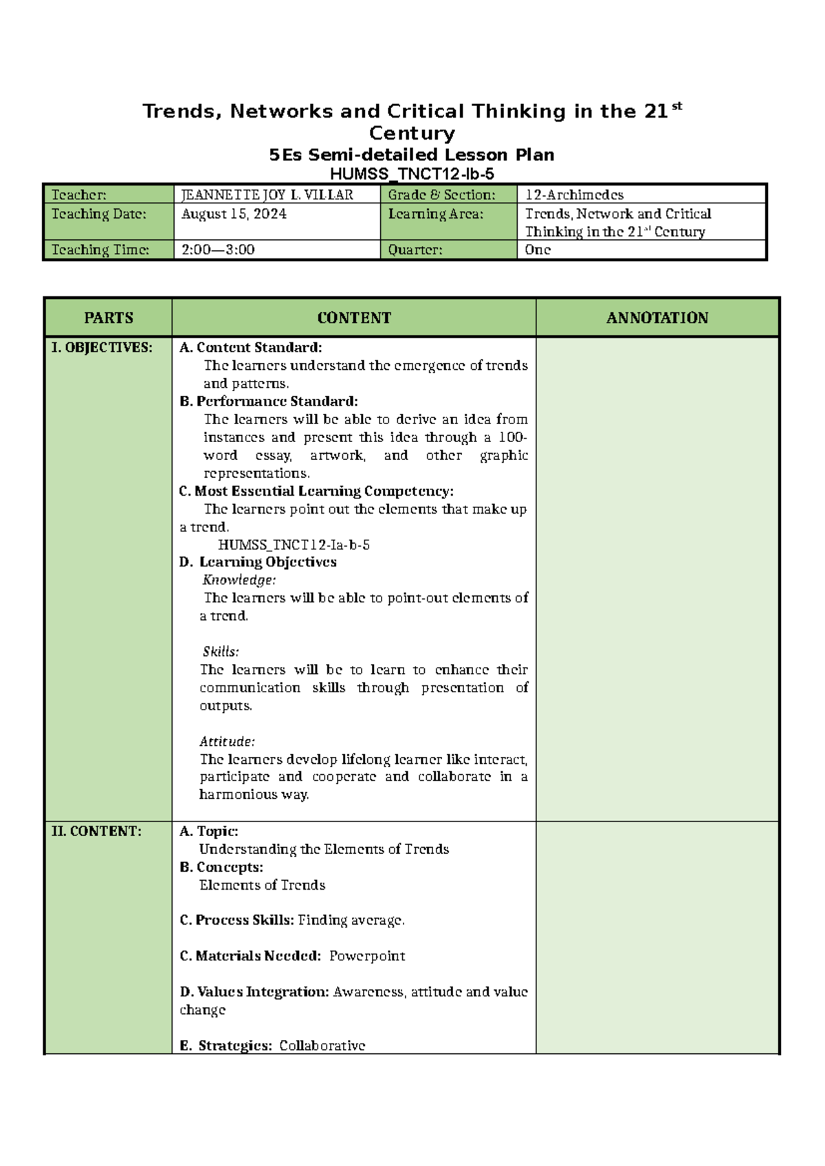 DLP-COT1 - 5Es Semi-Detailed Lesson Plan on Trends & Critical Thinking ...