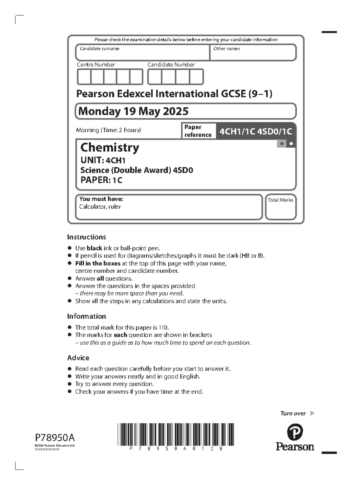 IGCSE Chemistry 4CH1/4SD0 May 2025 Exam Paper 1C - Studocu