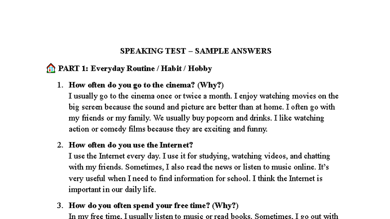 NN1 Speaking Test Sample Answers: Everyday Routines and Habits - Studocu