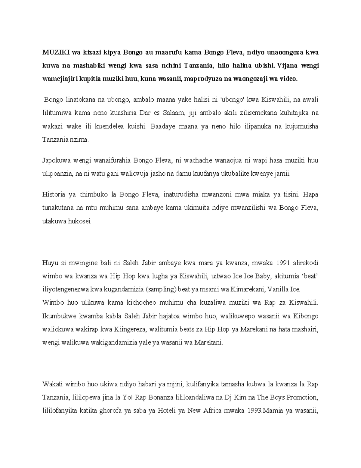 MUZIKI WA BONGO FLEVA: HISTORIA NA MCHANGO WA WASANII - Studocu