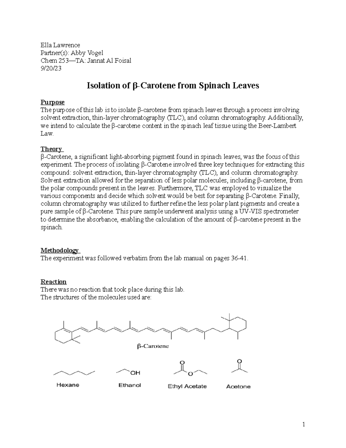 Chem 253 - Lab #5: Isolating and Analyzing β-Carotene from Spinach - Studocu