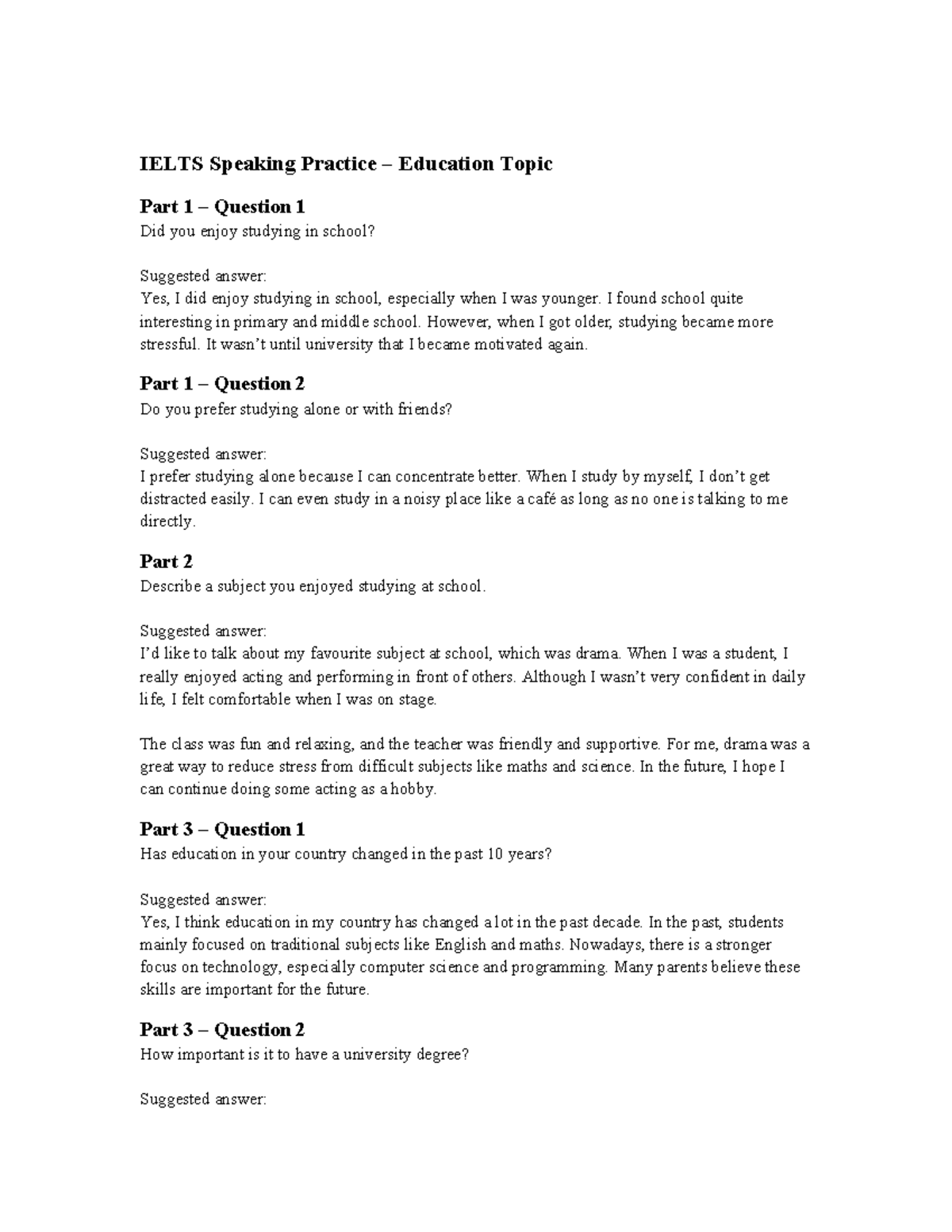 IELTS Speaking Practice: Education Topic Insights and Tips - Studocu