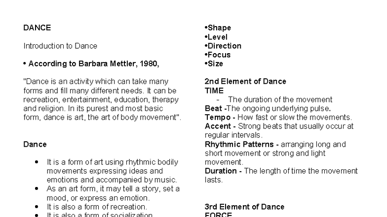 DANCE 101: Introduction to Dance and Its Elements - Studocu
