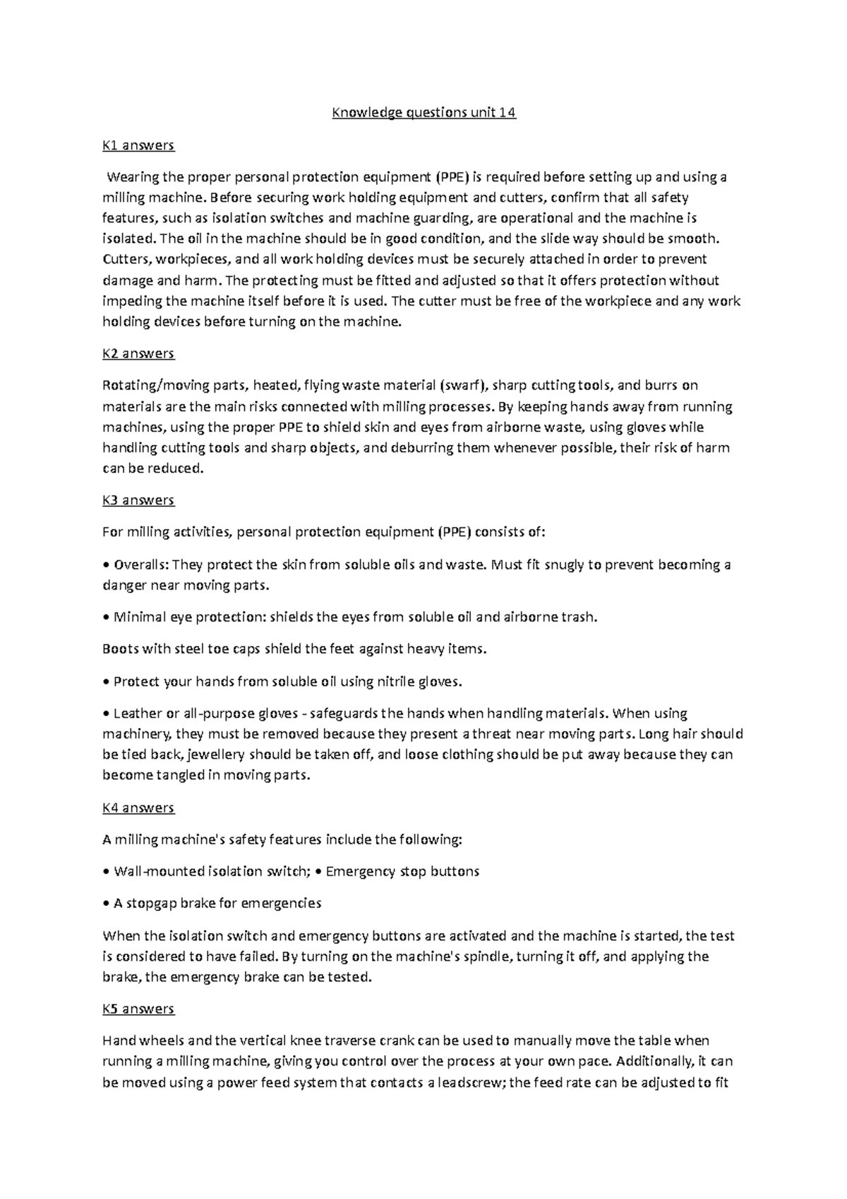 Knowledge Questions Unit 14: Safety and PPE in Milling Operations - Studocu