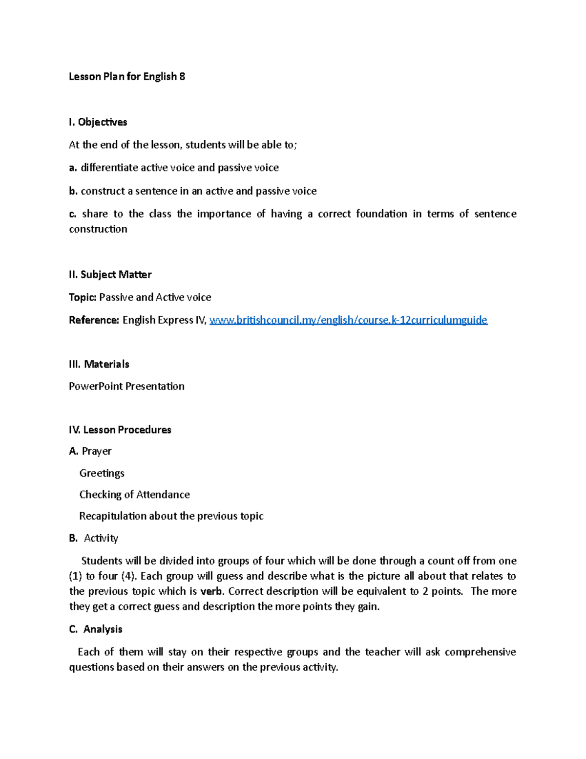 SEMI-Detailed Lesson Plan for English 8: Active & Passive Voice - Studocu