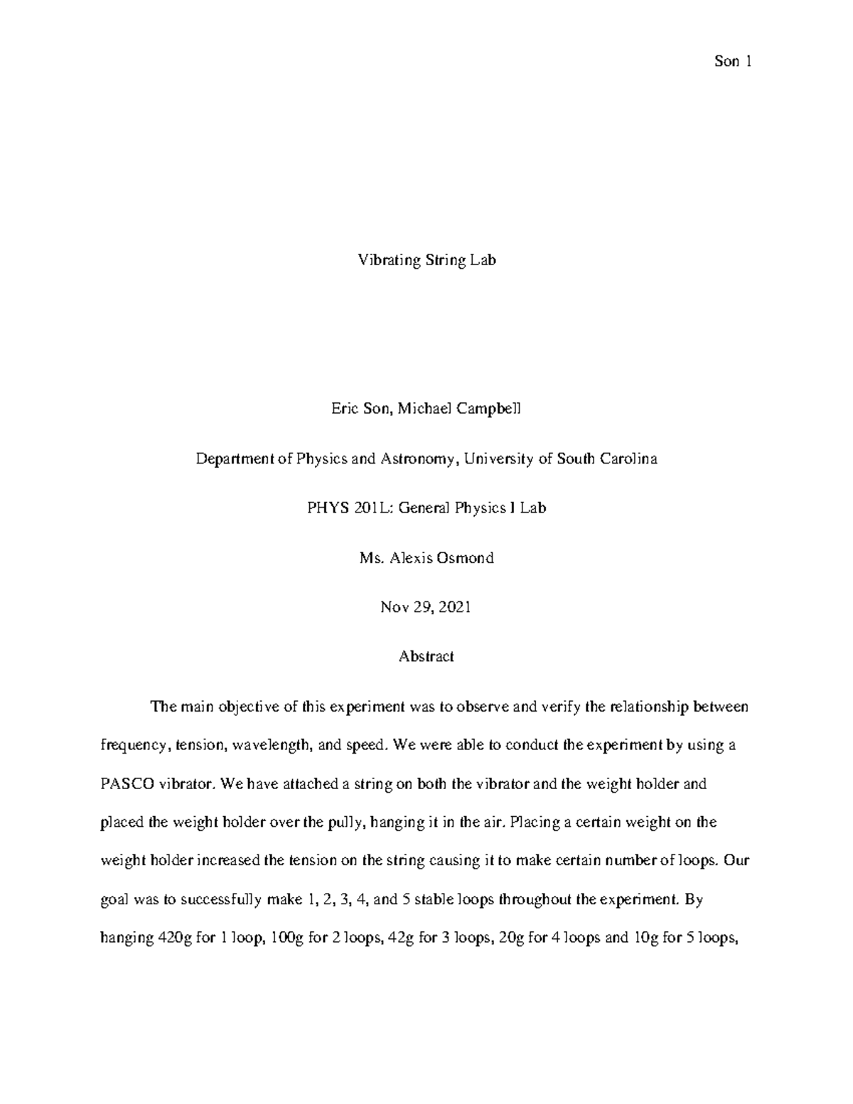 Vibrating string lab report with graphs and question - Vibrating String ...