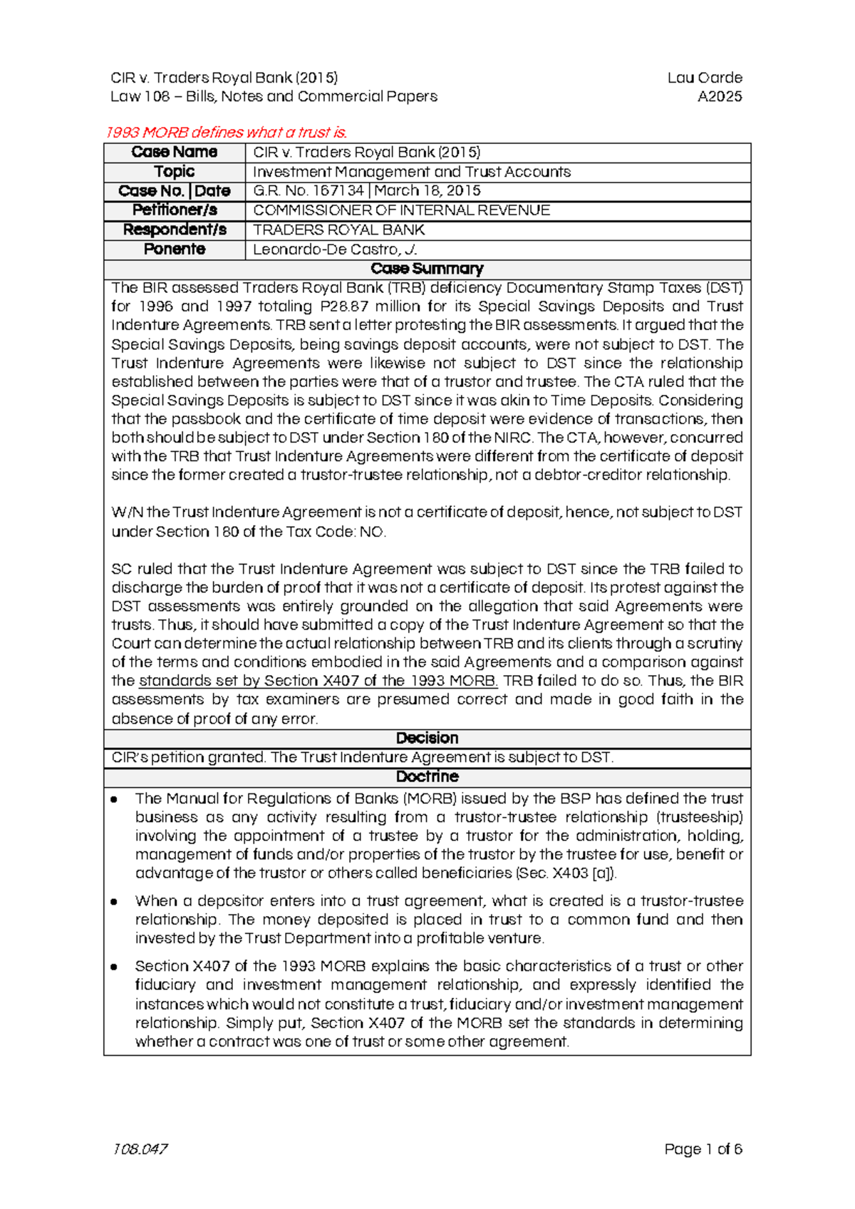 CIR v. Traders Royal Bank (2015) - Law 108 – Bills, Notes and ...
