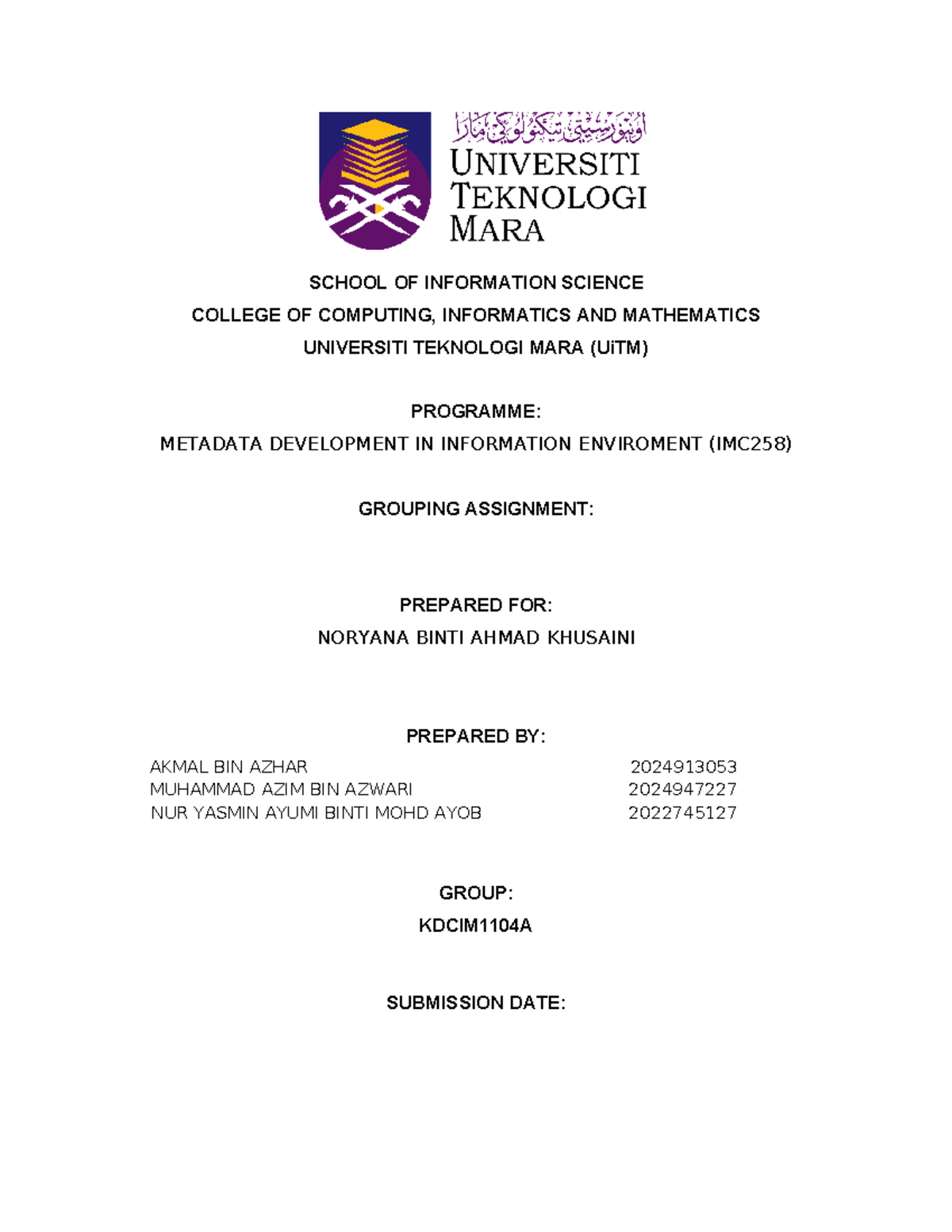 IMC258 Group Assignment: Metadata Development in Information ...
