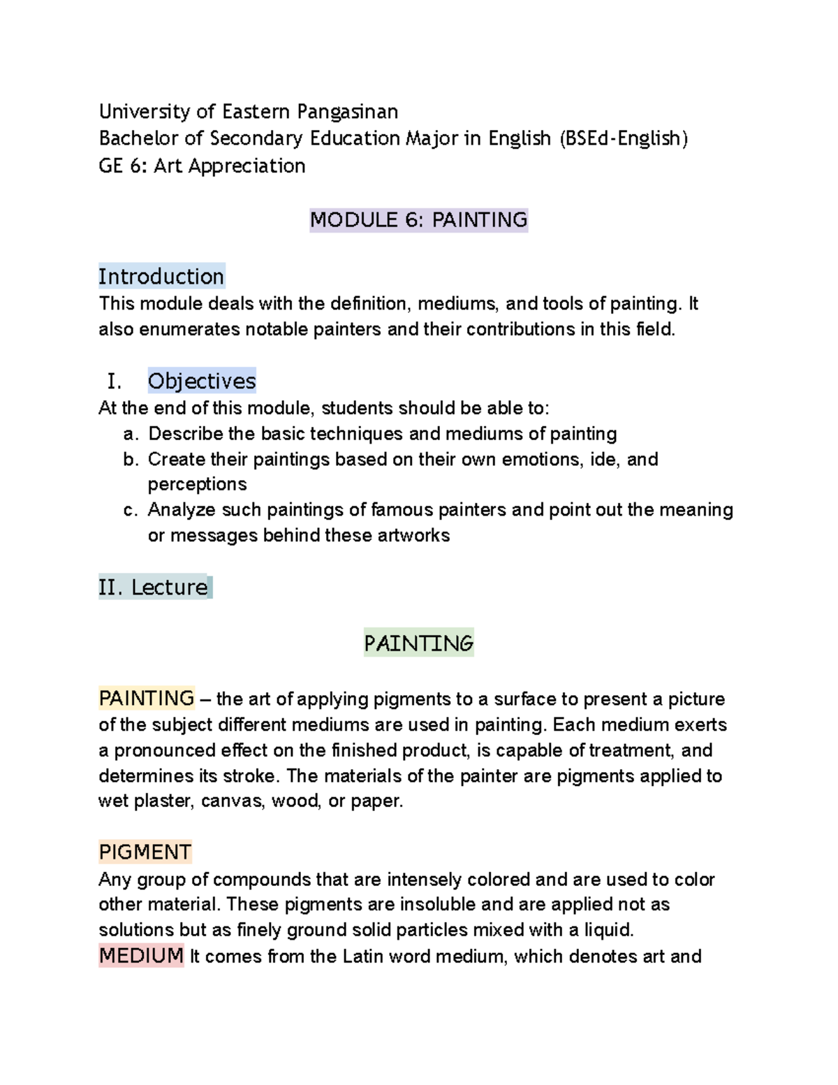 GE 6 Art Appreciation: Module 6 - Exploring Painting Techniques - Studocu