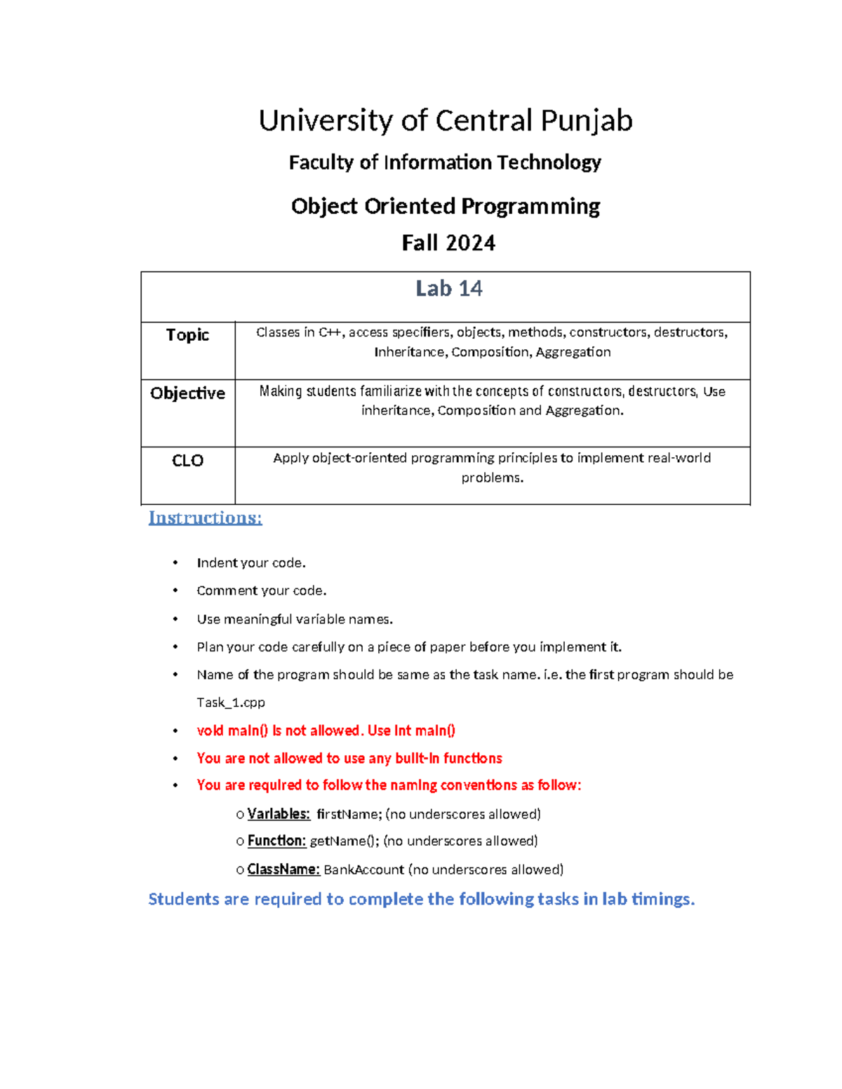 OOP Lab 14 - nonw - University of Central Punjab Faculty of Information Technology Object ...