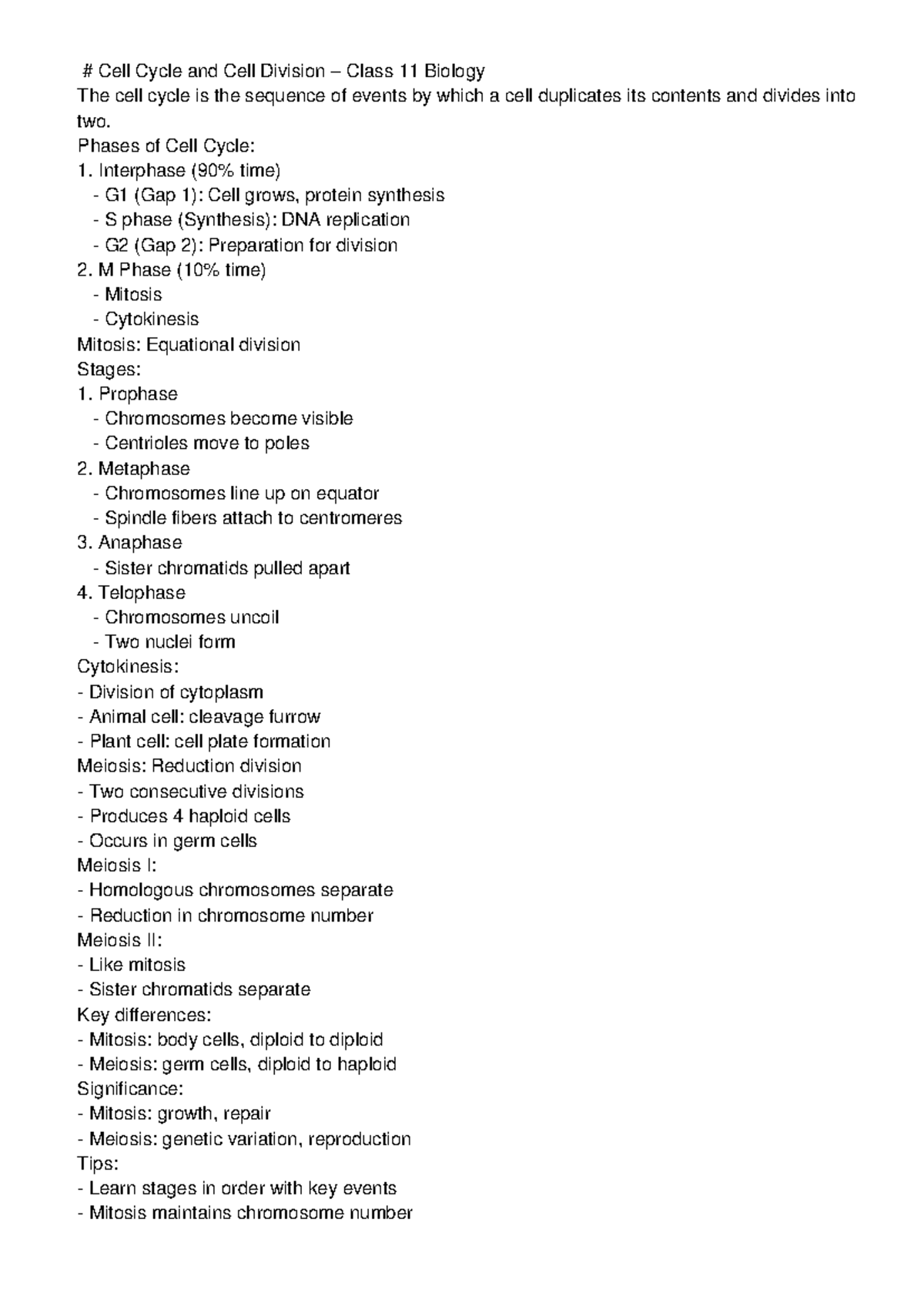 Cell Cycle & Division Notes - Class 11 Biology - Studocu
