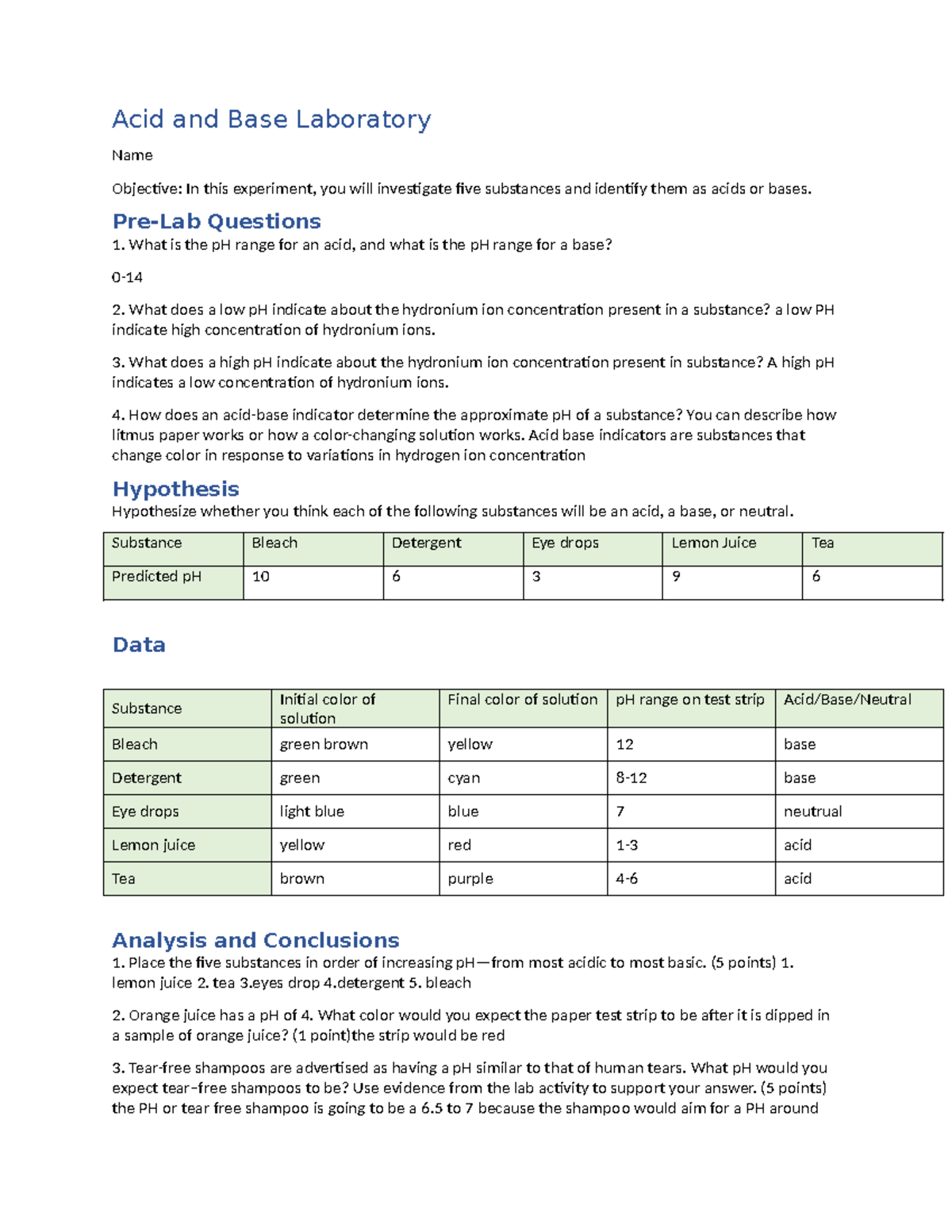 Acid-Base Lab Worksheet: Identifying Substances and pH Ranges - Studocu