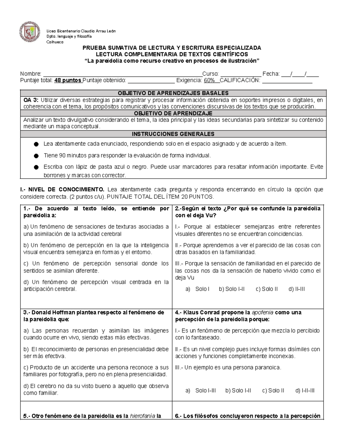 Prueba Sumativa de Lectura y Escritura - Complementaria Texto 1 Tercero 2025 - Studocu