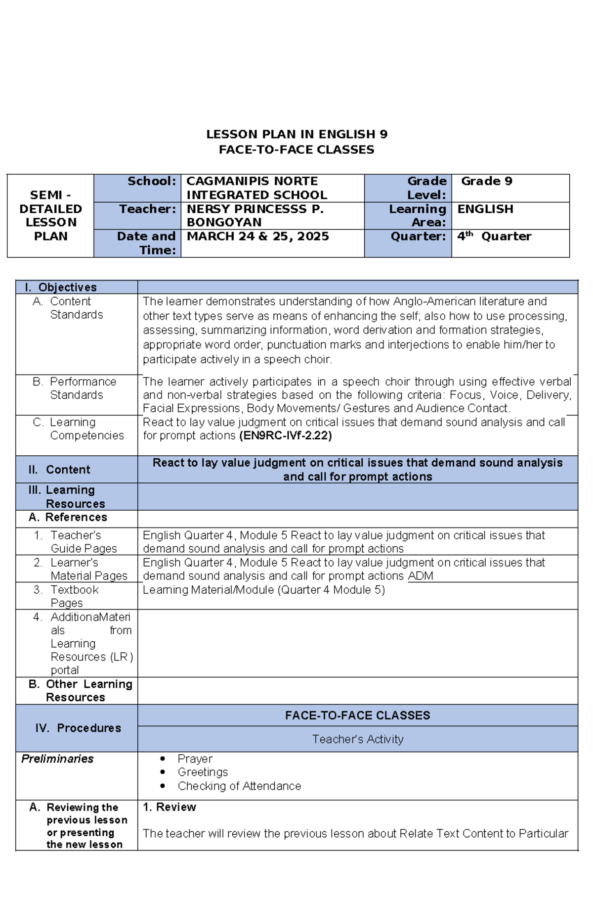 Grade 9 English DLP - Q4 Module 5: Value Judgments on Critical Issues ...
