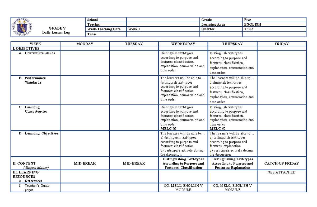 DLL WEEK 1 Q3 English 5 - dll - GRADE V Daily Lesson Log School Grade ...