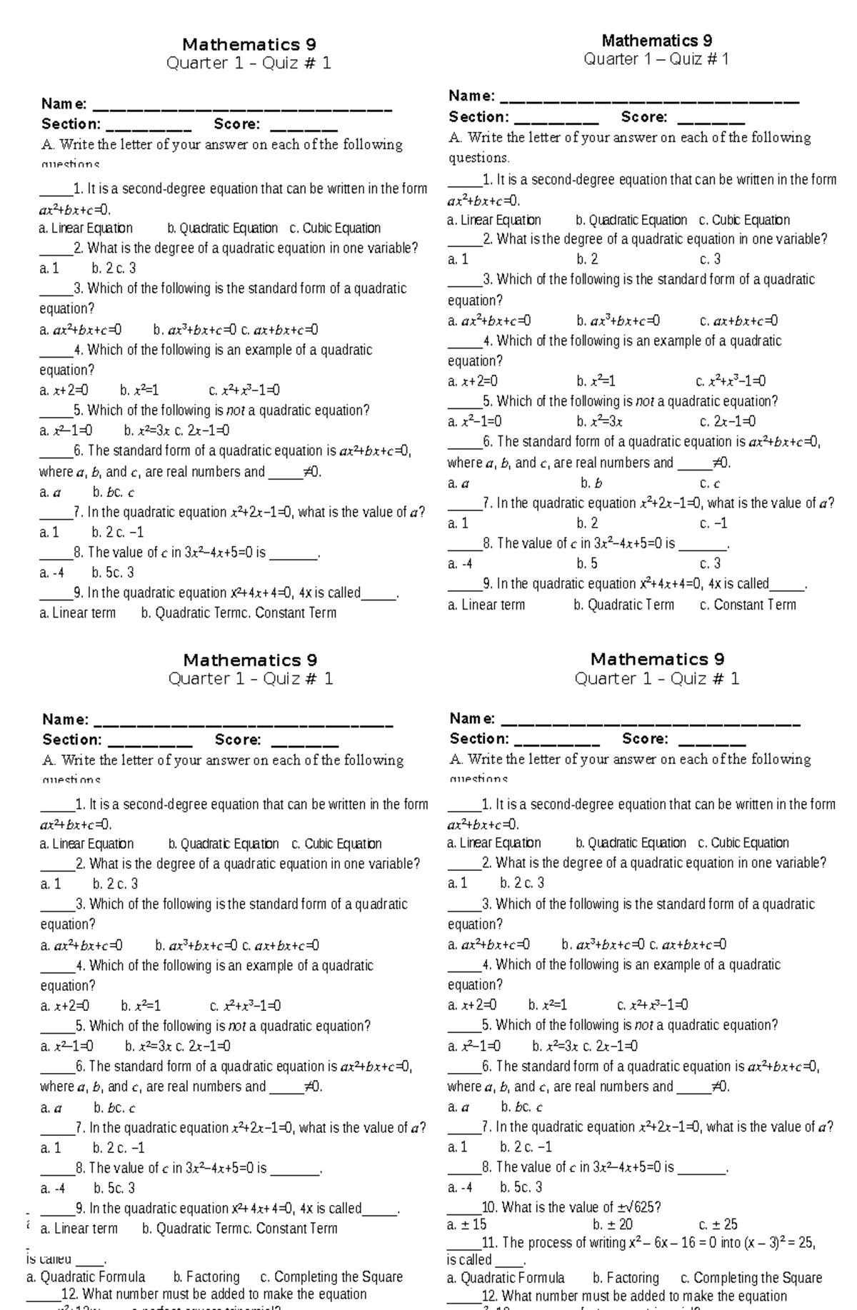Mathematics 9 Q1 Quiz 1: Understanding Quadratic Equations - Studocu