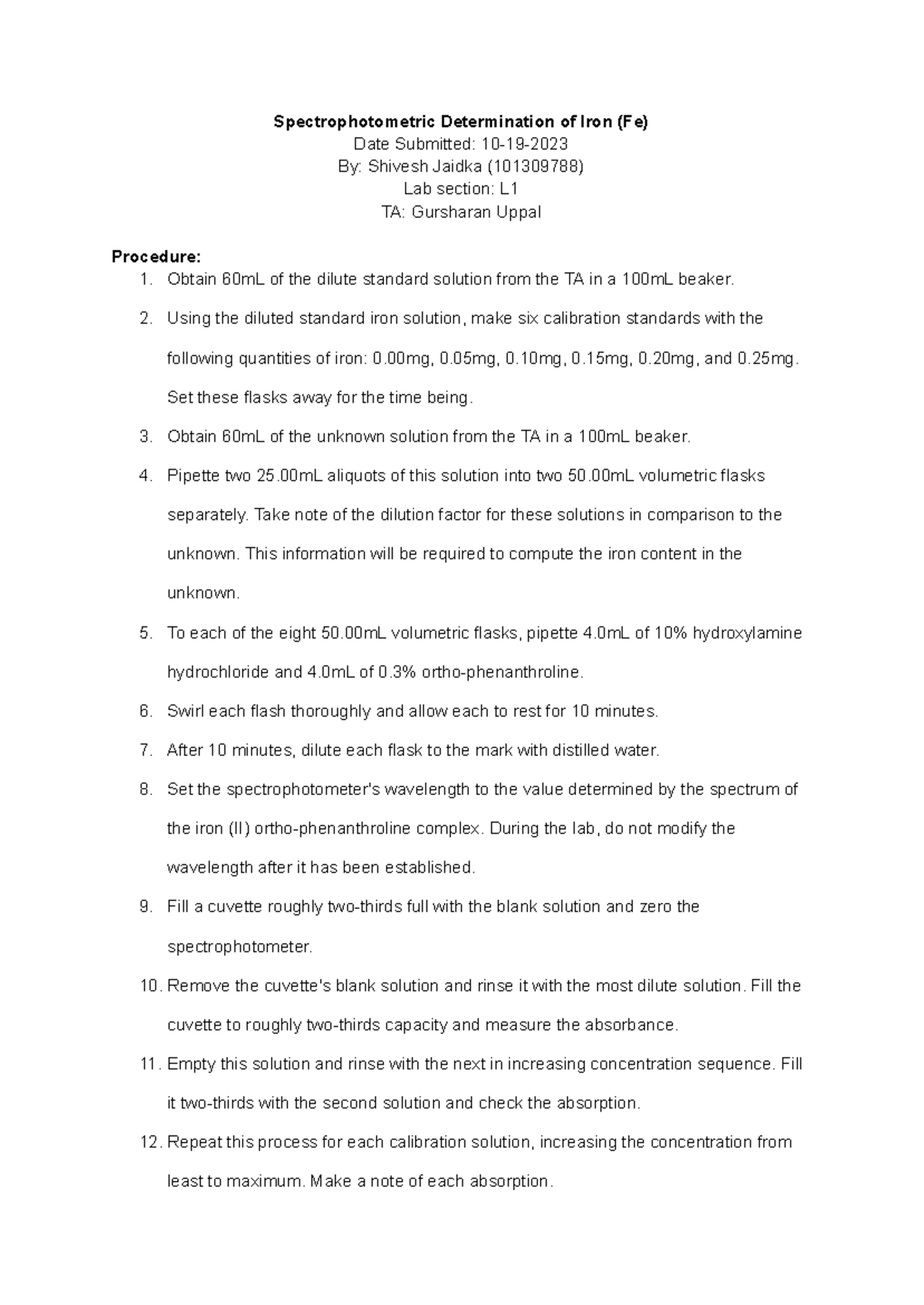 Fe Chemistry Lab Report: Spectrophotometric Iron Determination - Studocu