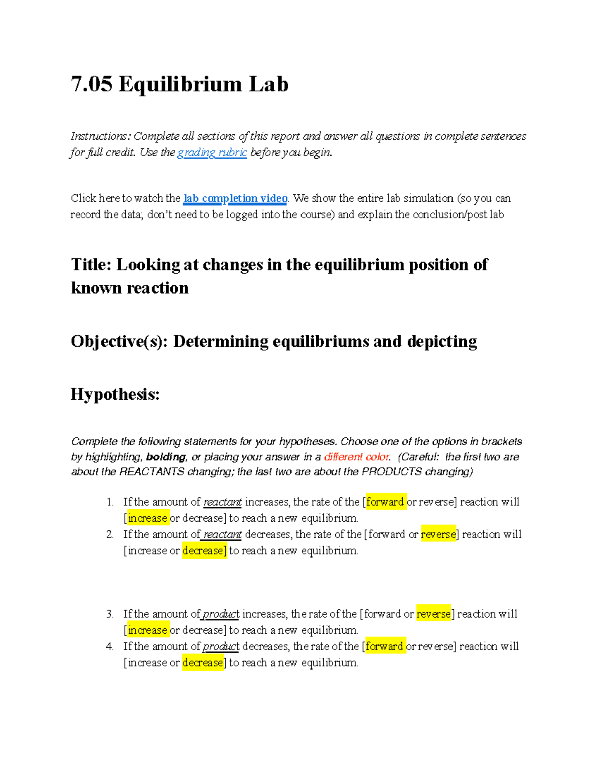 7.05 Equilibrium Lab Report: Analyzing Reaction Changes - Studocu