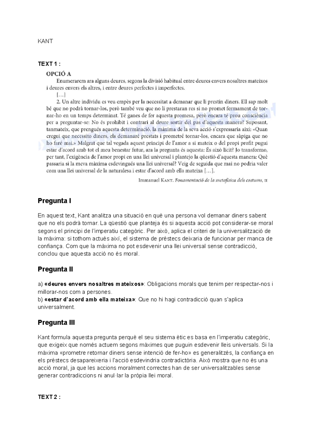 KANT TEXT: Anàlisi de l'ètica i el principi categòric - Studocu